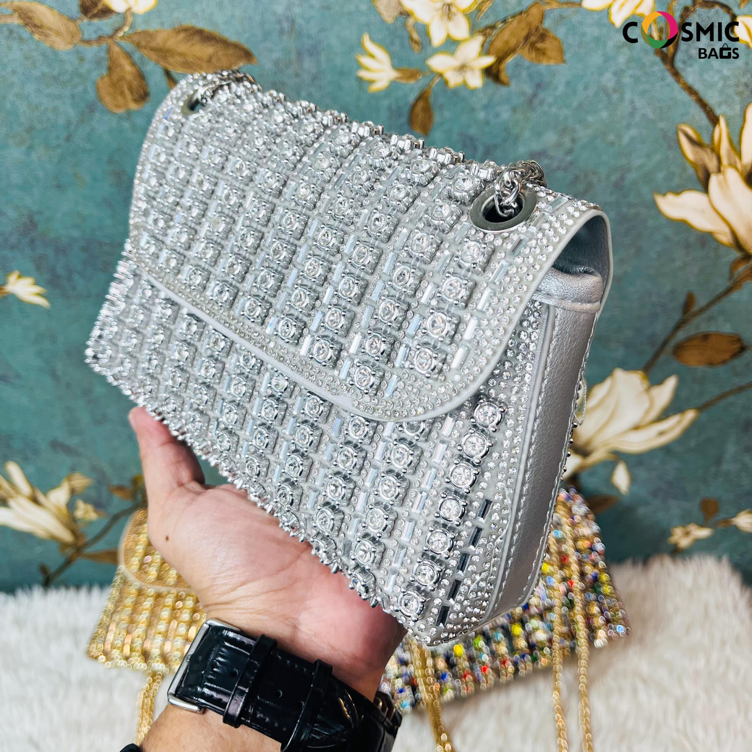 Full Stone Party Clutch Silver Color | Buy Now at Cosmic Bags