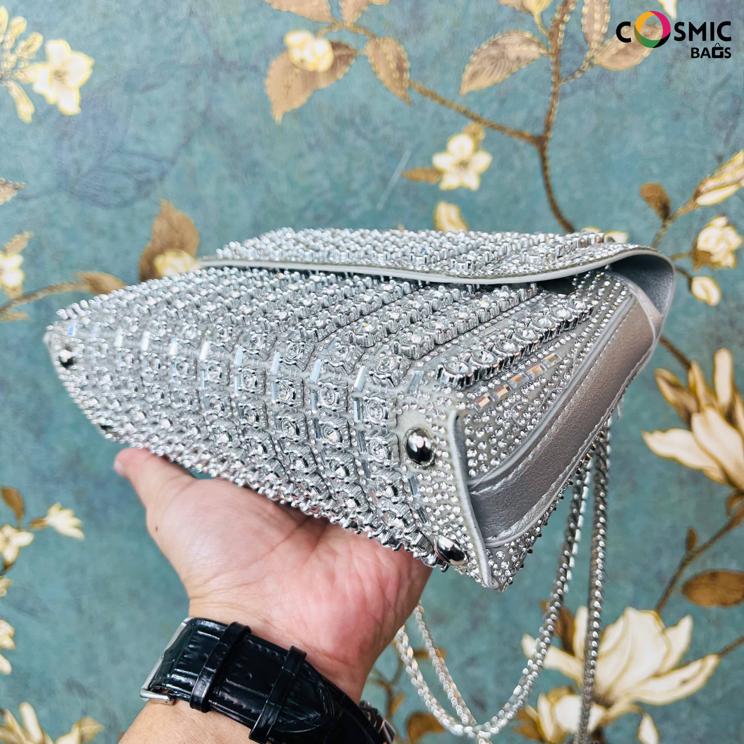 Full Stone Party Clutch Silver Color | Buy Now at Cosmic Bags