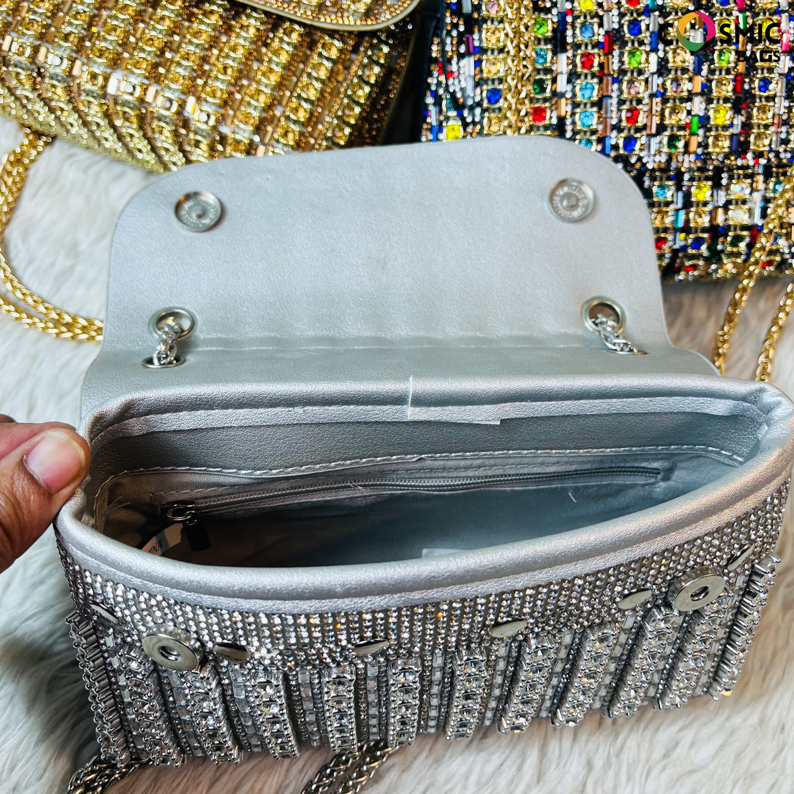 Full Stone Party Clutch Silver Color | Buy Now at Cosmic Bags